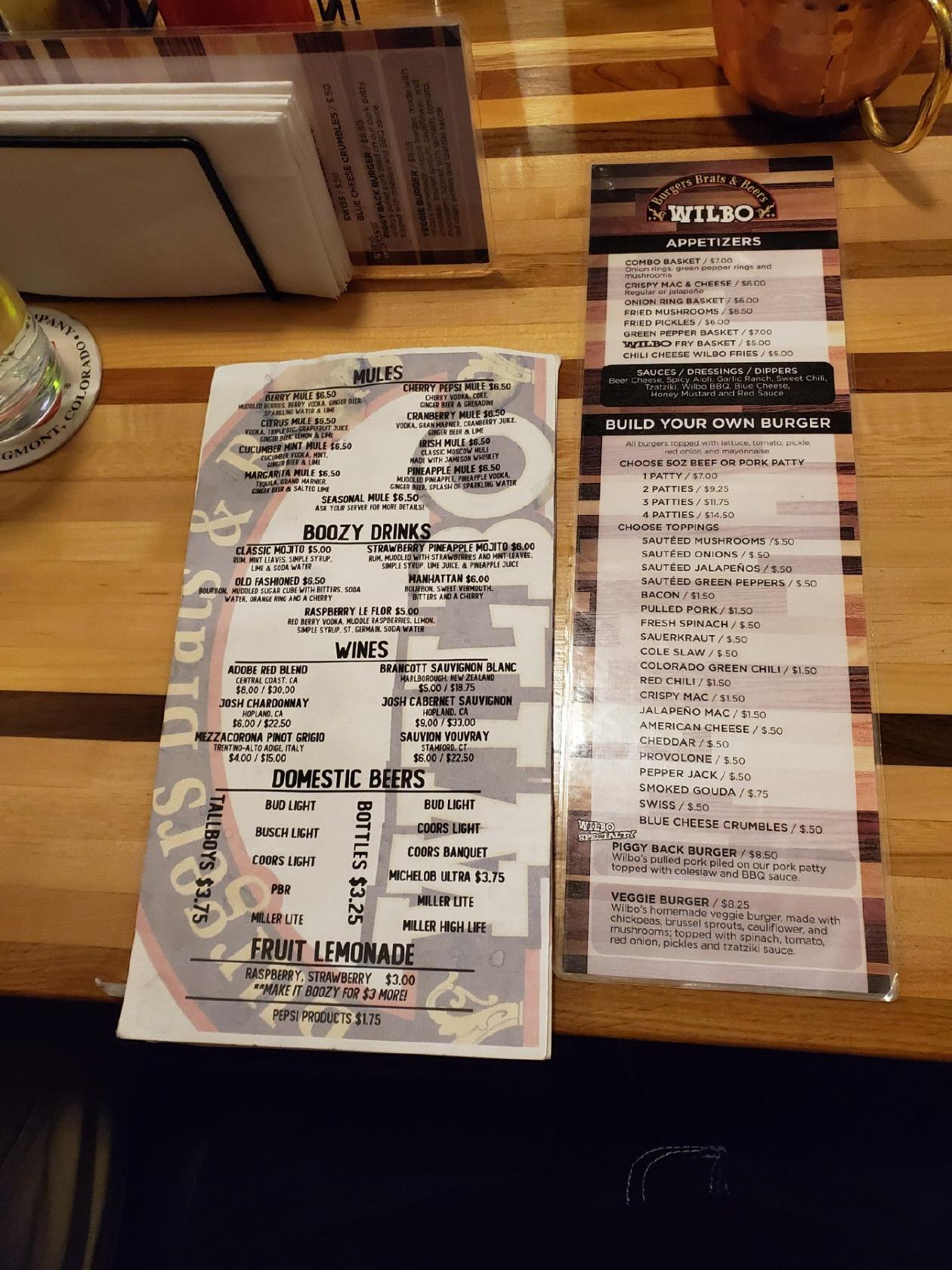 Menu at Wilbo Burgers Brats & Beers pub & bar, Cedar Falls