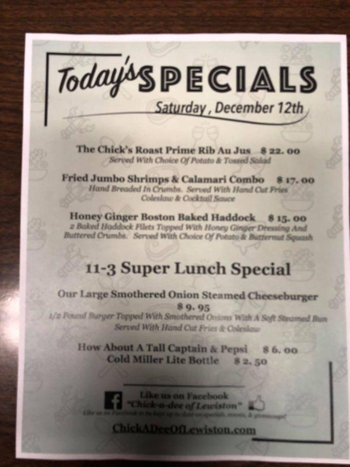 Menu at Chick-A-Dee of Lewiston restaurant, Lewiston