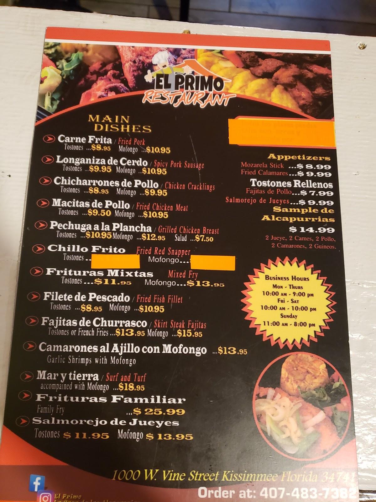 Menu at El Primo Restaurant, Kissimmee
