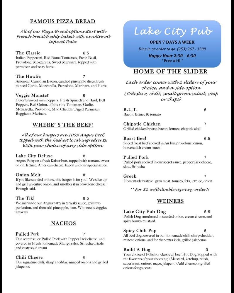 Menu at Lake City Pub, Lakewood