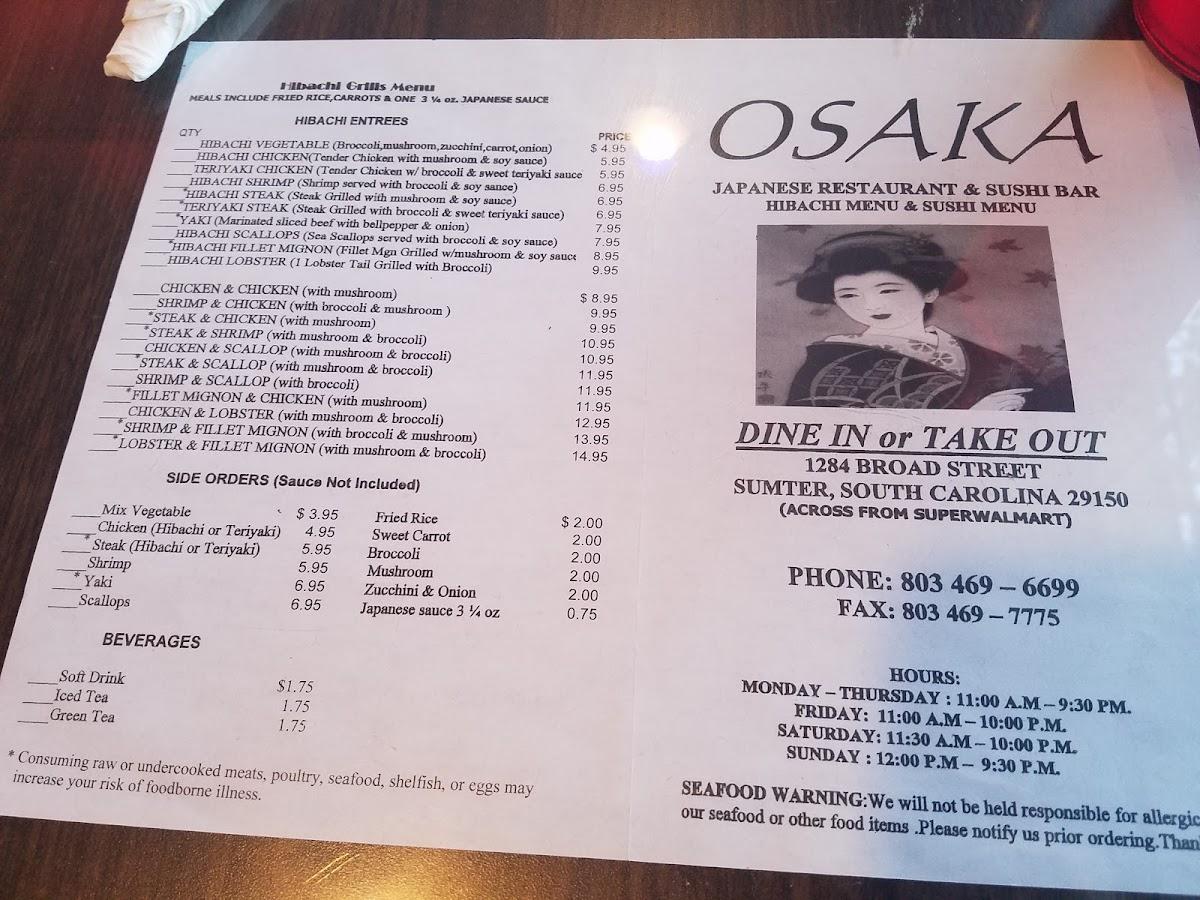 Menu at Osaka Japanese Restaurant and Sushi Bar, Sumter