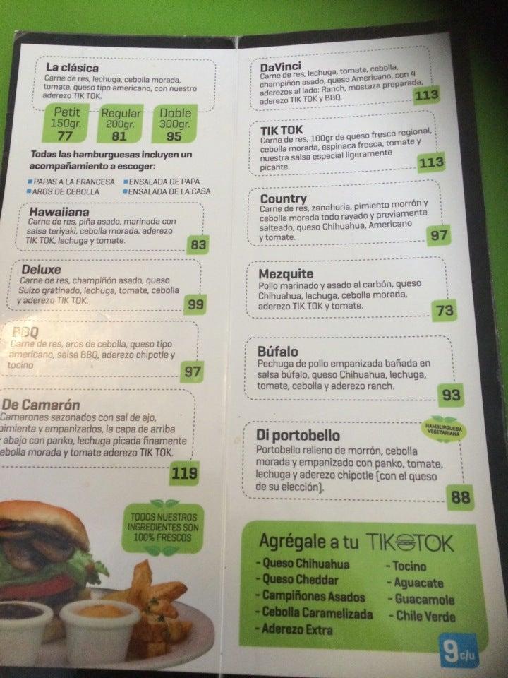 Menu at TIK TOK restaurant, Hermosillo, Bulevar José María Morelos 89