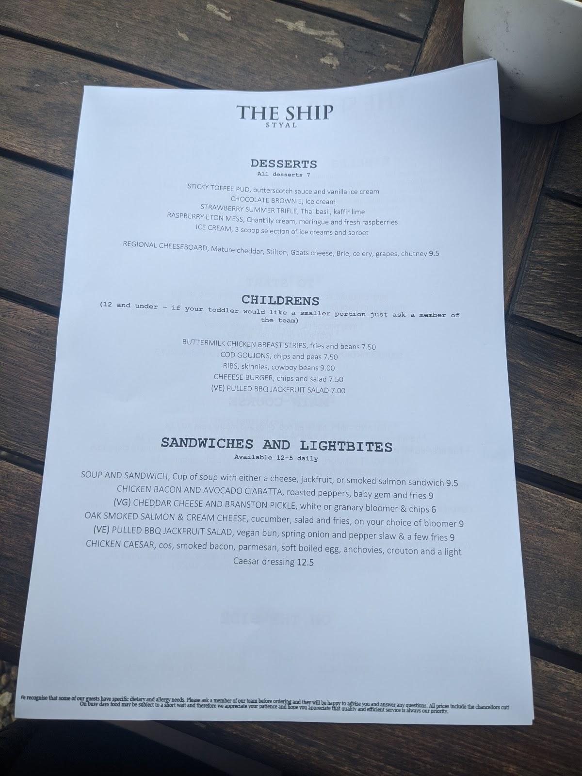 Menu at The Ship Styal pub & bar, Styal, Altrincham Rd