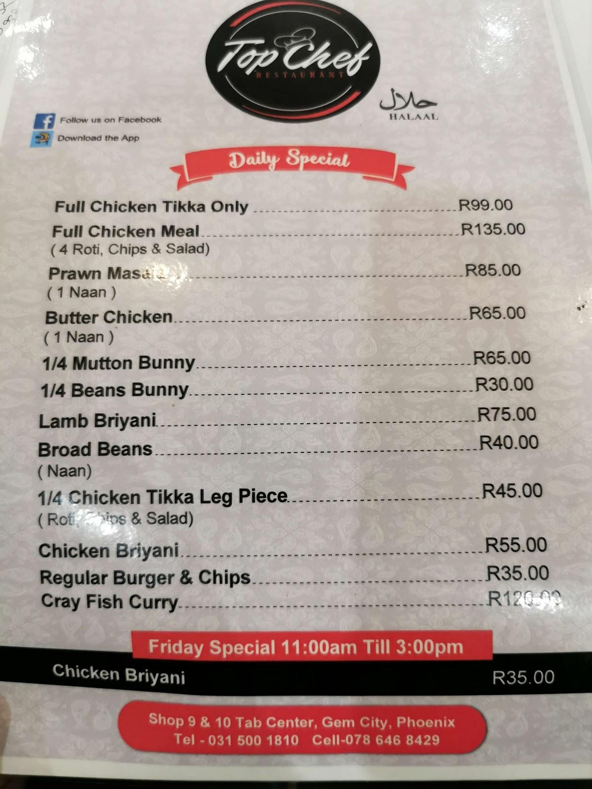 Menu at Top Chef restaurant, Verulam