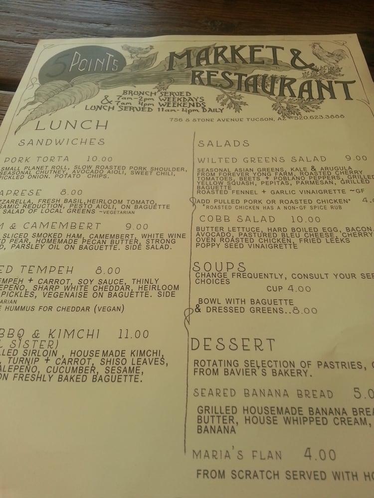 Menu at 5 Points Market & Restaurant, Tucson