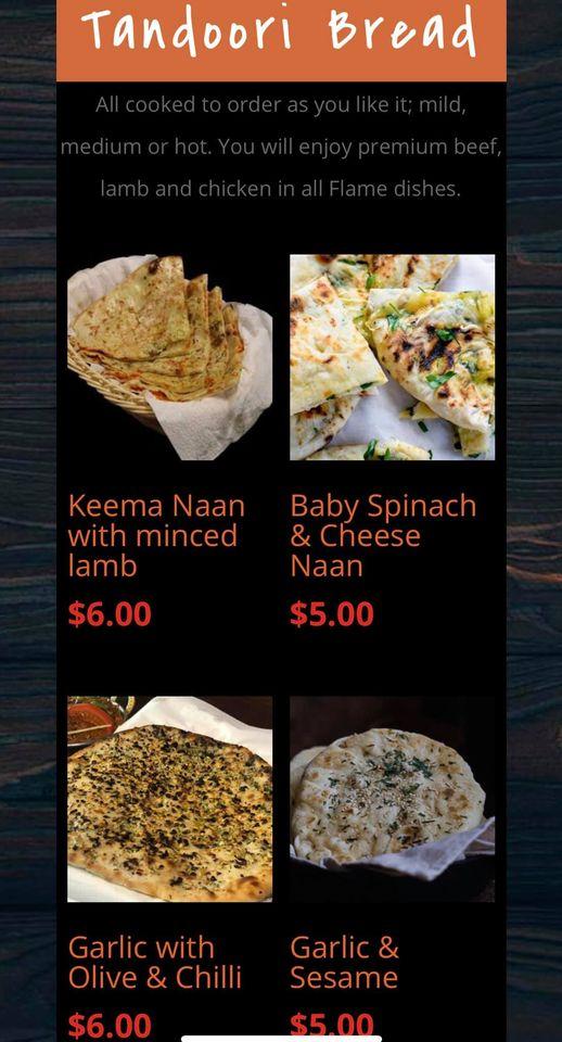 Menu at Flame Indian Restaurant, New Plymouth, 151 Devon St E