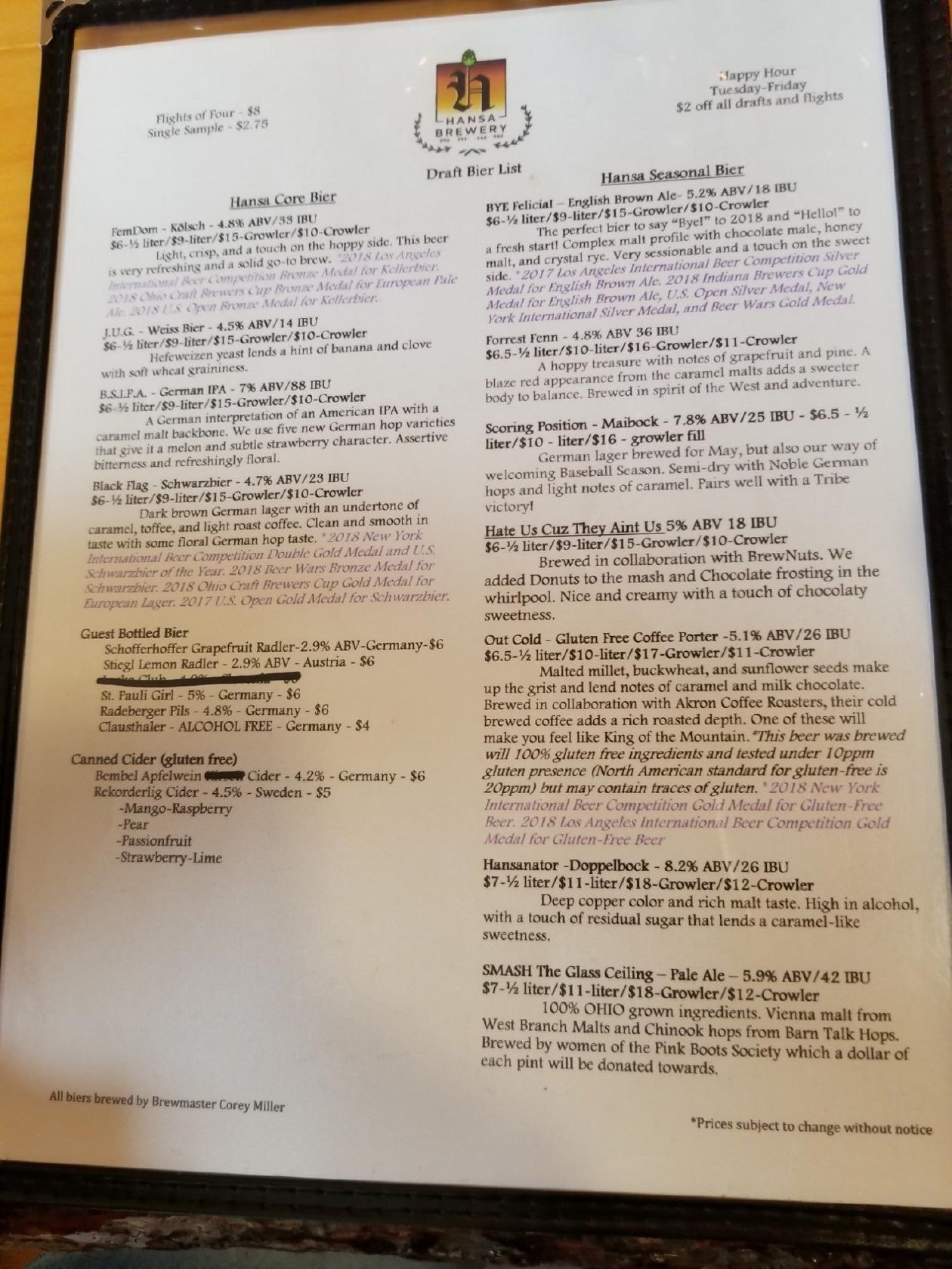 Menu at Hansa Brewery pub & bar, Cleveland