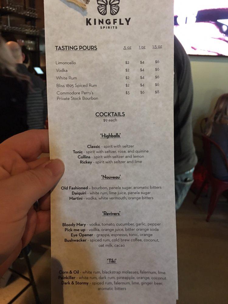 Menu at Kingfly Spirits restaurant, Pittsburgh