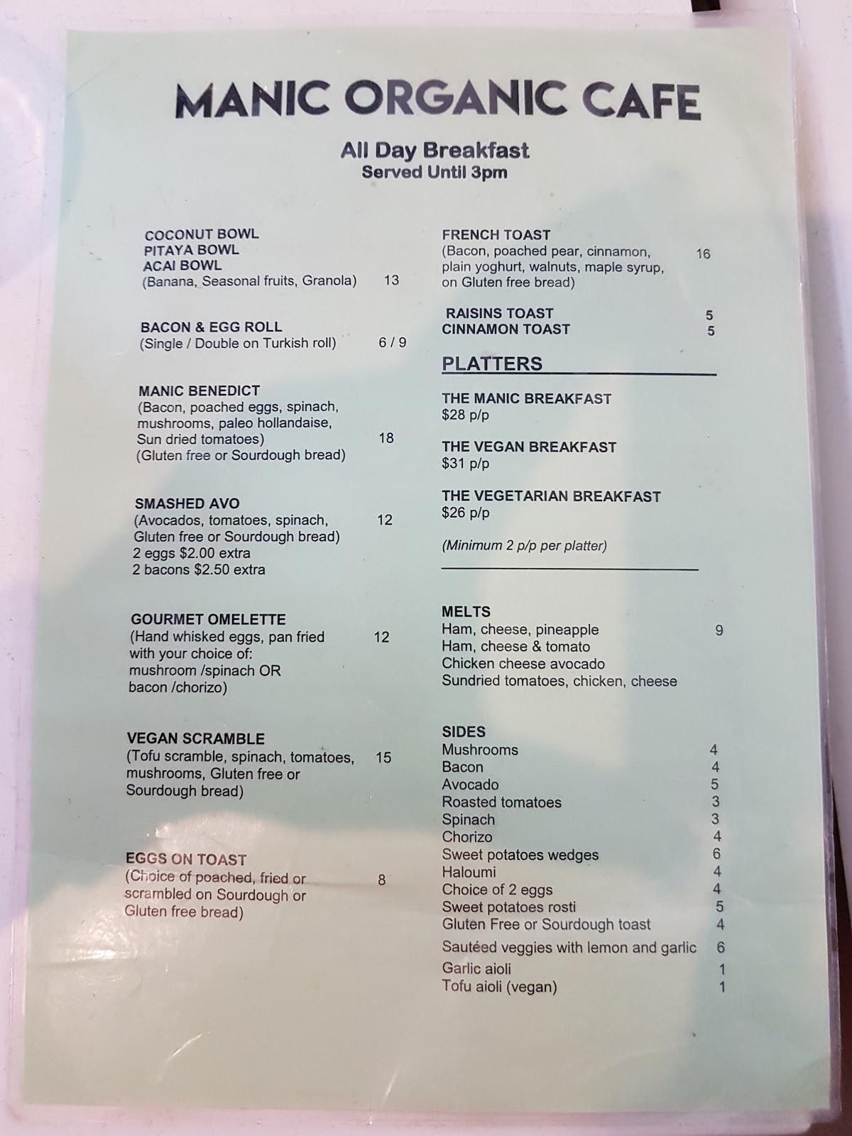 Menu at Manic Organic Cafe, Penrith