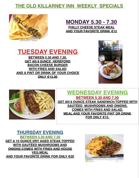 Menu at Old Killarney Inn pub & bar, Killarney, Groin