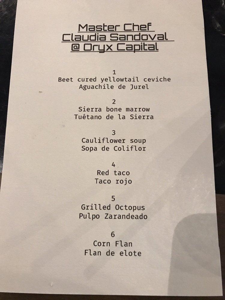 Menu at Oryx Restaurante, Tijuana