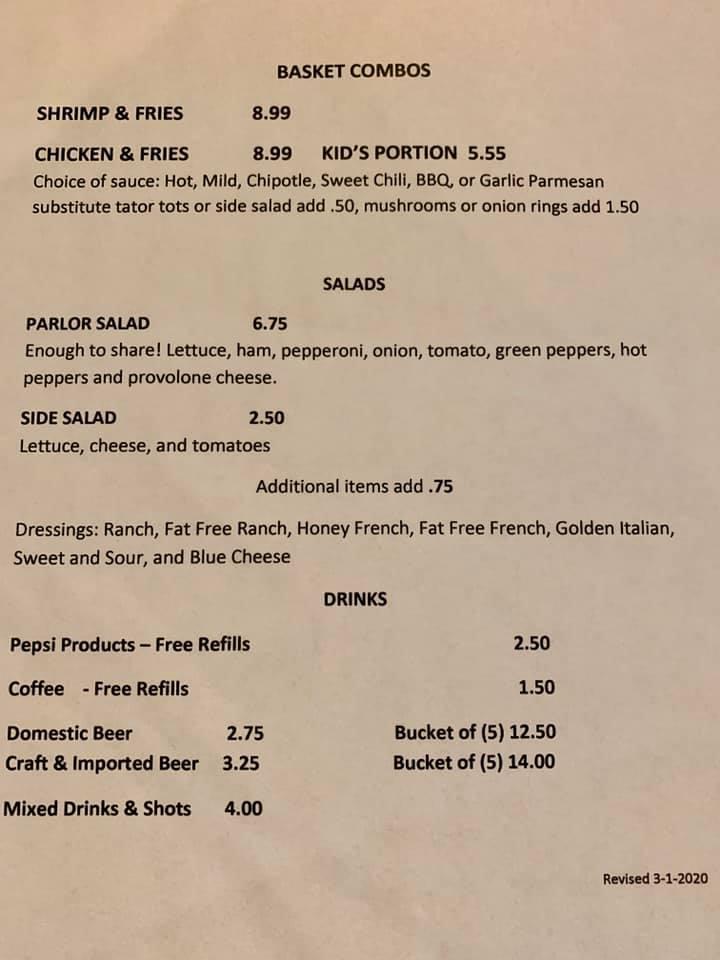 Menu at Pizza Parlor II pizzeria, Killbuck