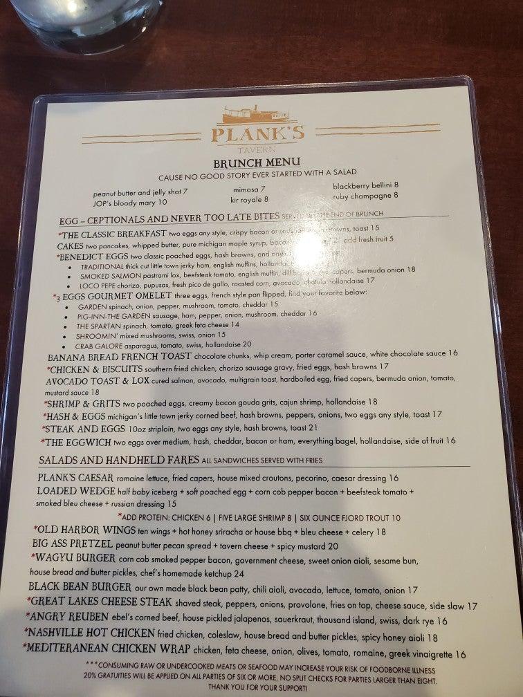 Menu at Plank's Tavern on the Water pub & bar, Saint Joseph