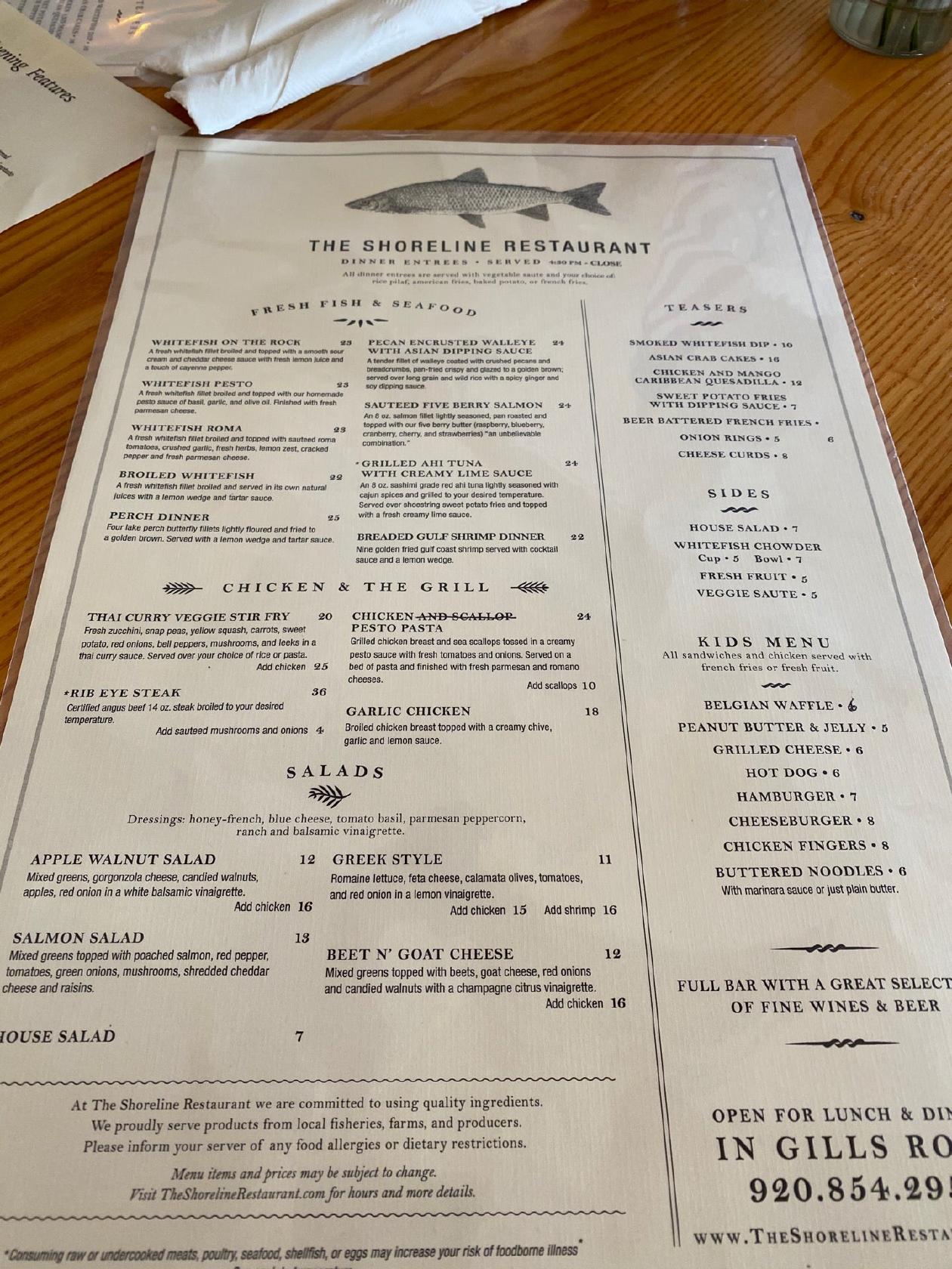 Menu at Shoreline Restaurant, Gills Rock, WI-42