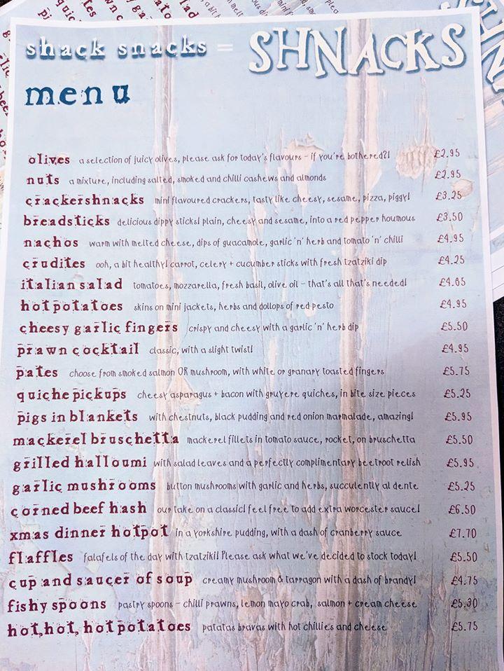 Menu at The Boat Shack cafe, Bromsgrove