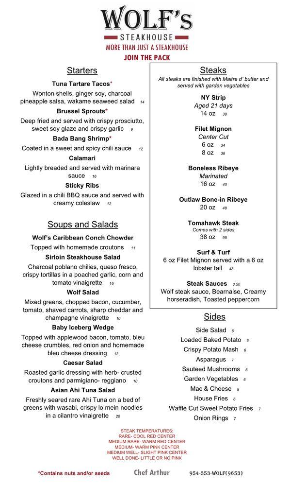 Carta de Wolf's Steakhouse, Cooper City, Stirling Rd