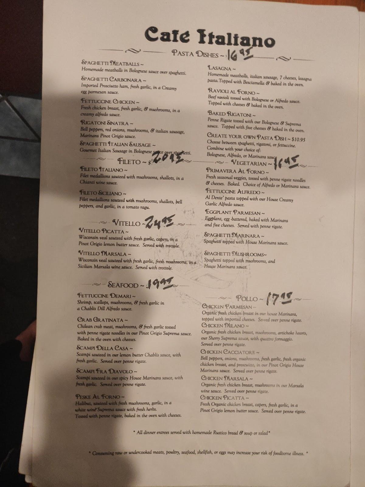 Menu at Cafe' Italiano, Colville, Opera House and I. O. O. F. Lodge