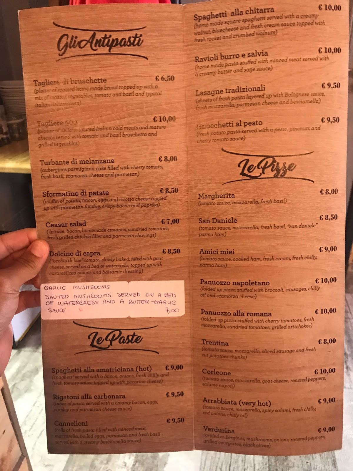 Menu at Caffé 500 restaurant, Carlow