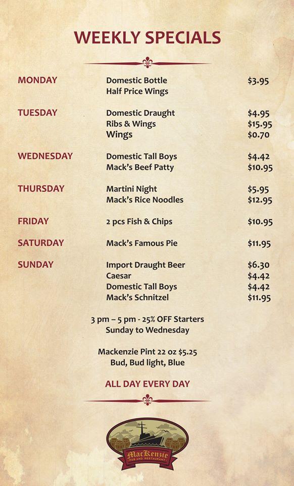 Menu at Mackenzie Pub, Ajax