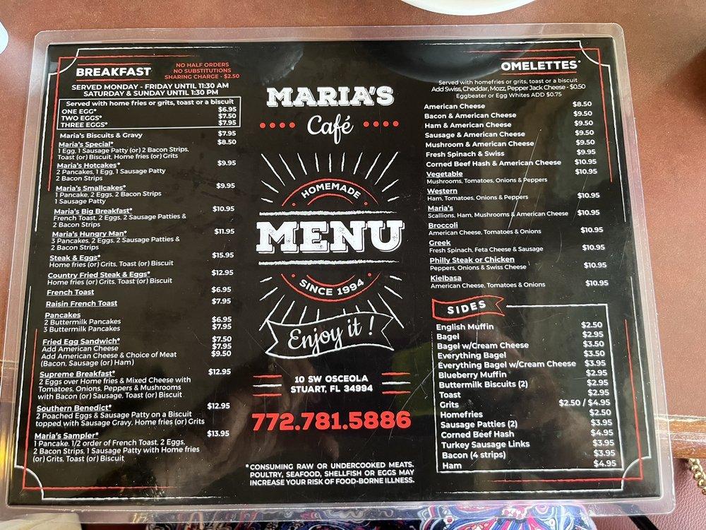 Menu at Maria's Cafe, Stuart, 10 SW Osceola St