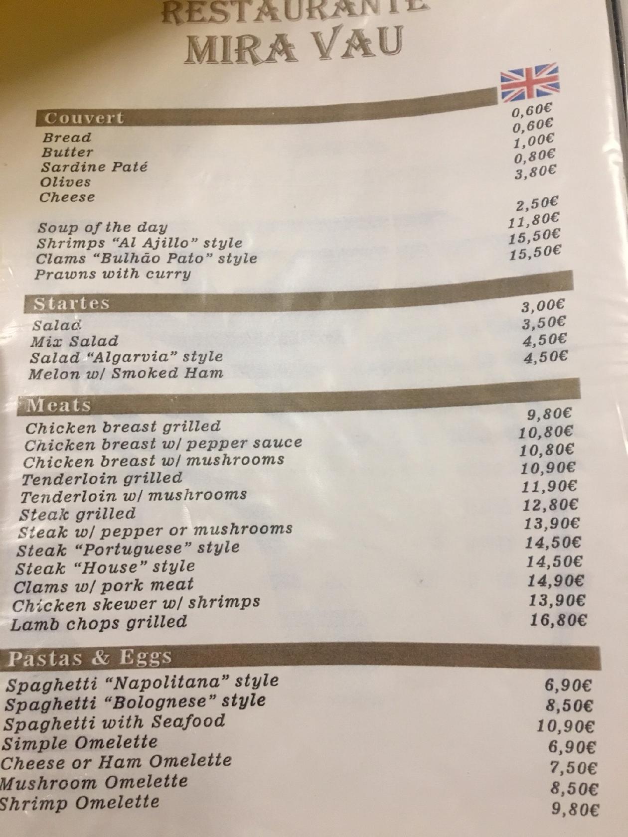 Menu at Restaurante Mira Vau-Viana & Viana, Lda., Portimão