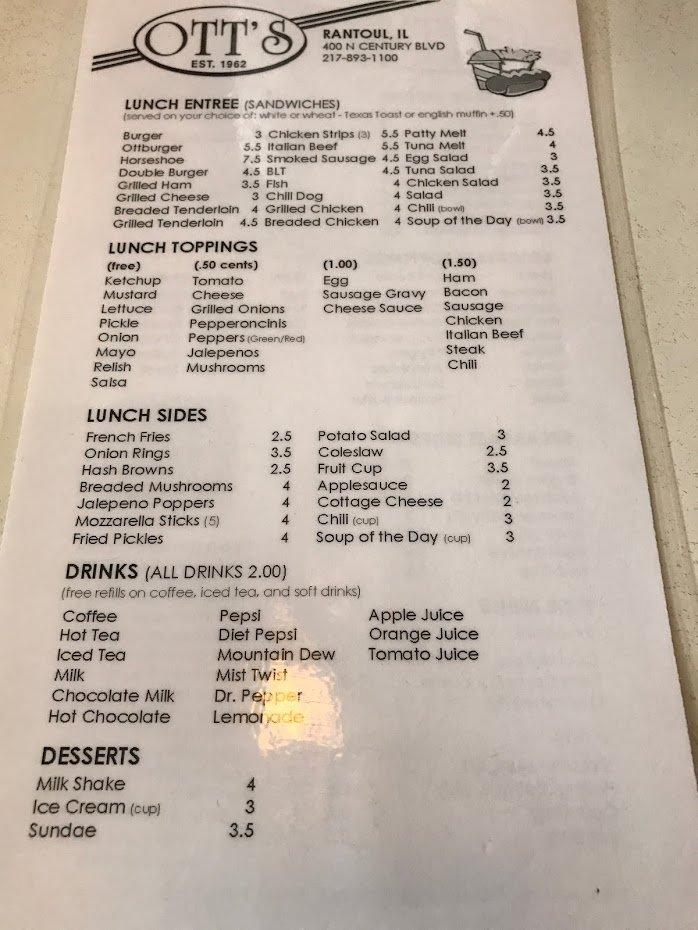 Menu at Ott's Drive In restaurant, Rantoul