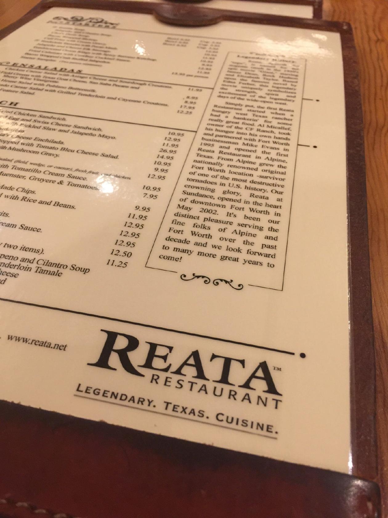 Menu at Reata Restaurant, Fort Worth, 310 Houston St