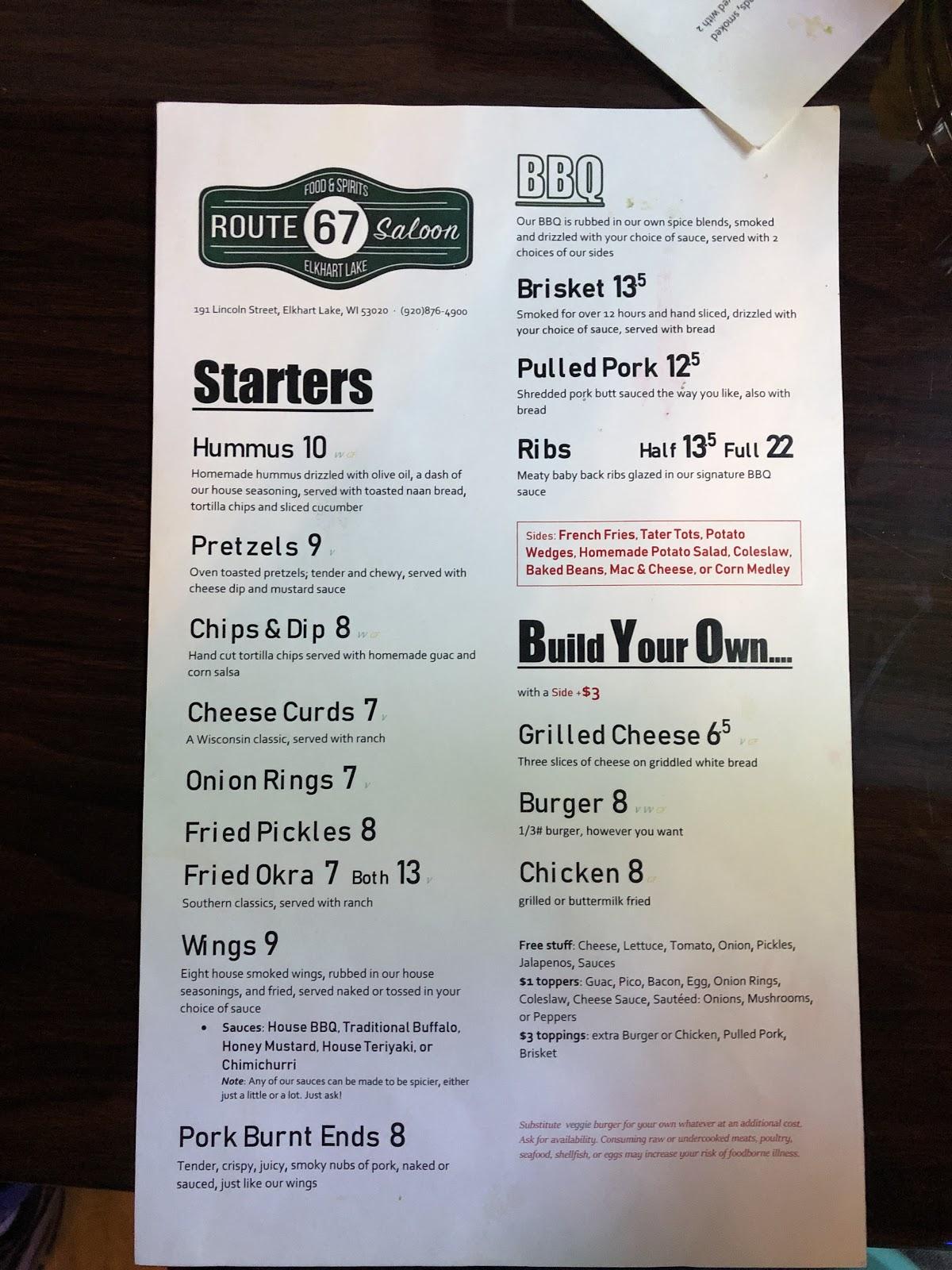 Menu at Route 67 Saloon pub & bar, Elkhart Lake