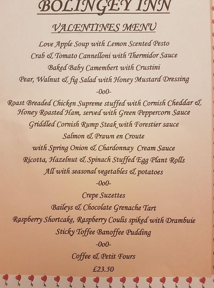 Menu at Bolingey Inn pub & bar, Perranporth