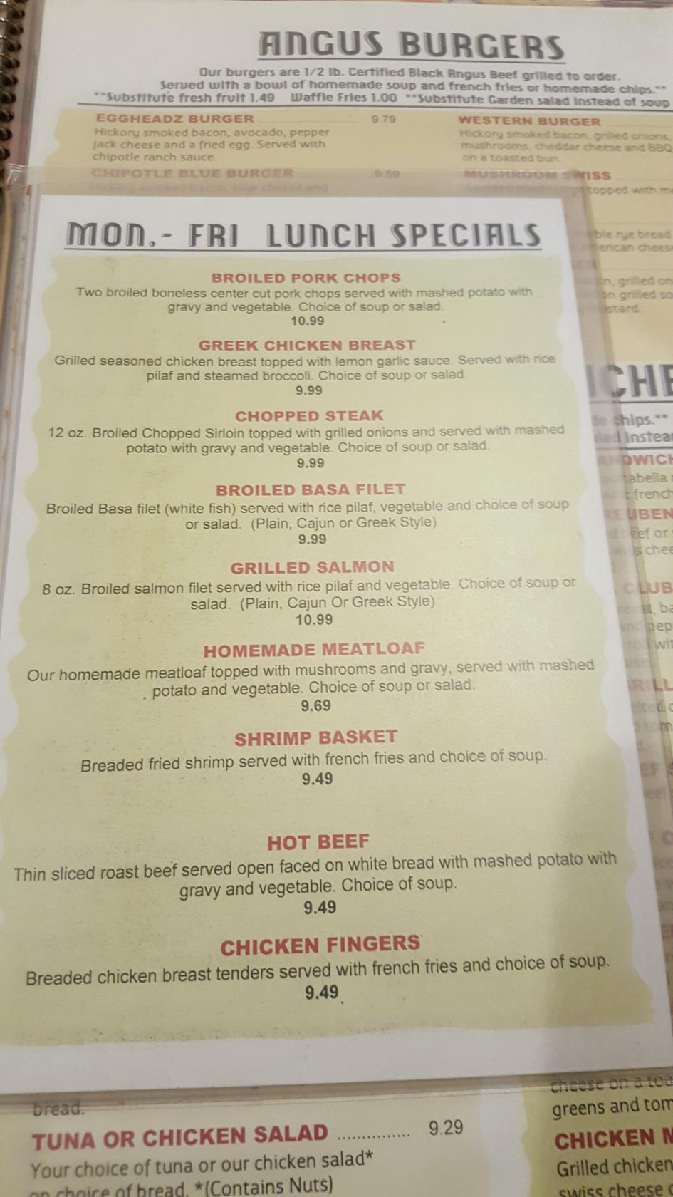 Menu at Eggheadz Cafe, Tinley Park