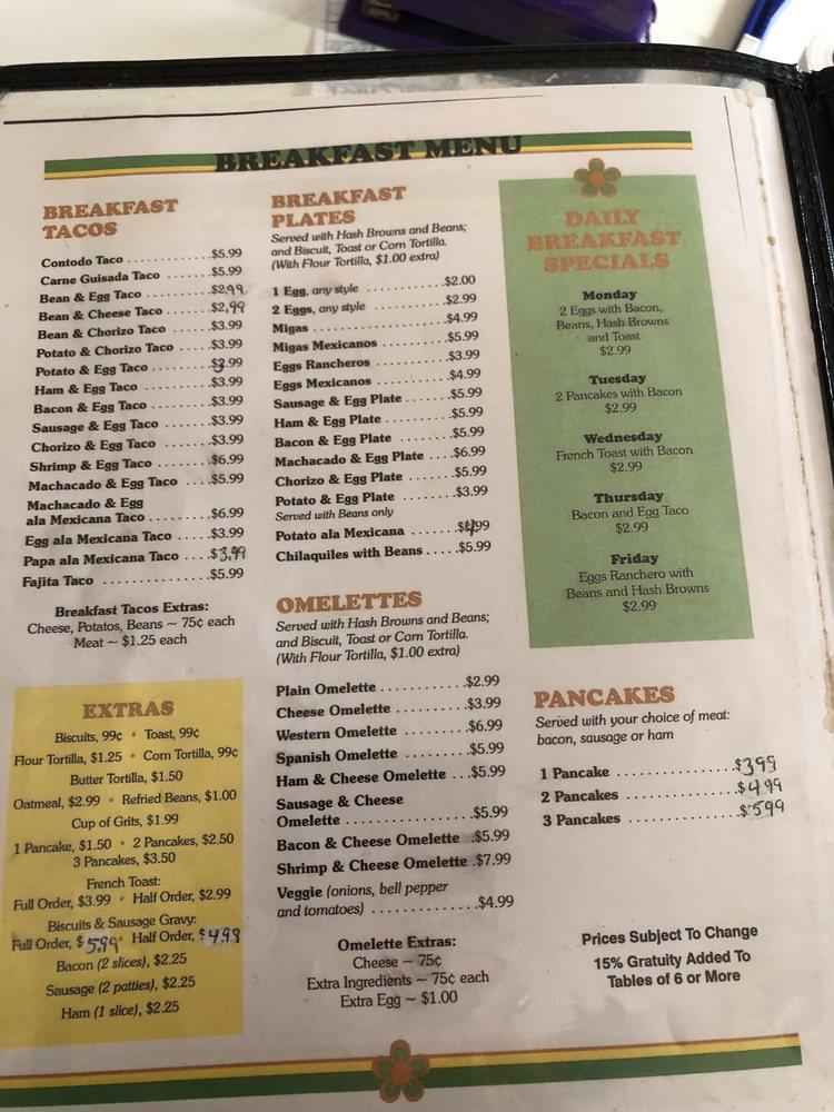 Menu at El Papa's restaurant, Port Isabel