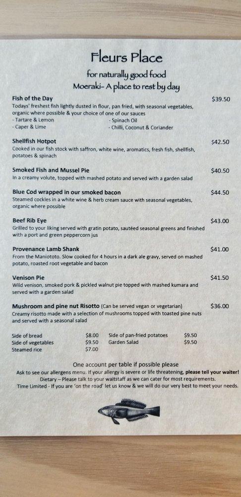 Menu at Fleurs Place restaurant, Moeraki