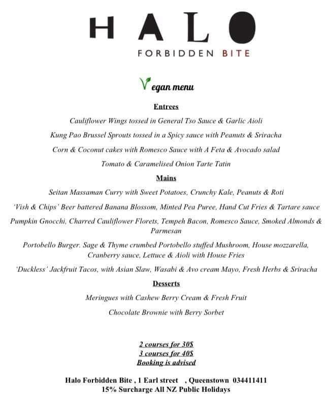 Menu at Halo Forbidden Bite restaurant, Queenstown