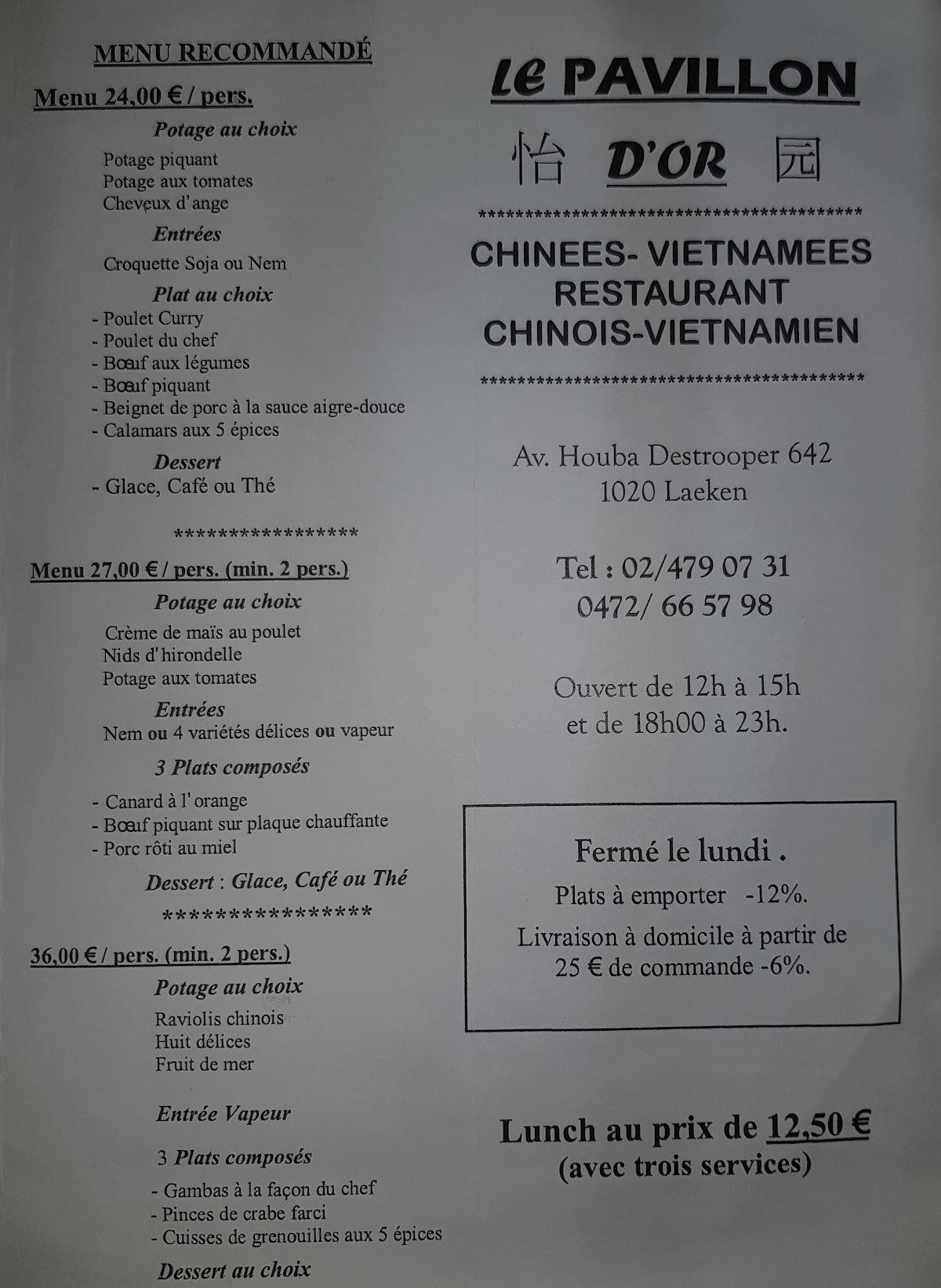 Menu au Le Pavillon d'Or, Bruxelles, Avenue Houba de Strooper 642