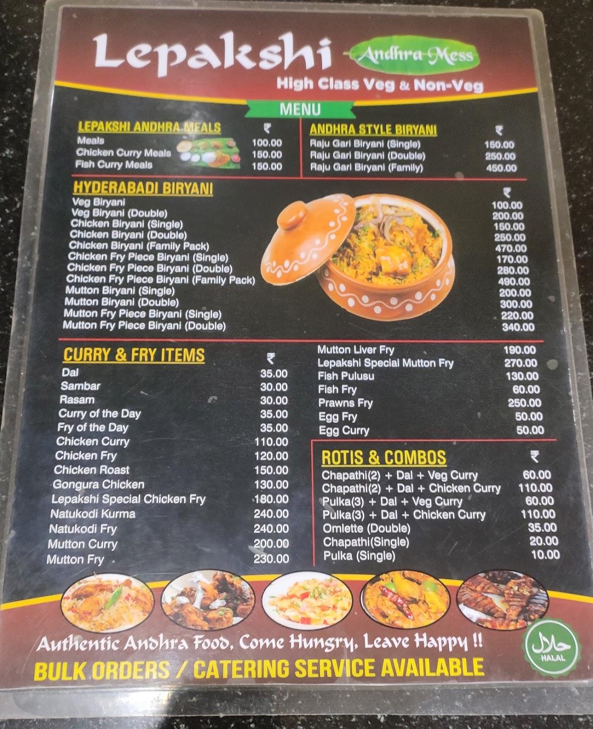 Menu at Lepakshi Andhra mess, Bengaluru