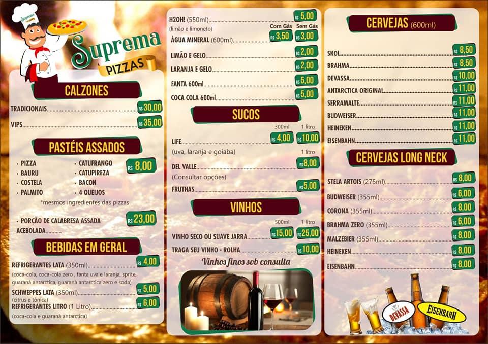 Menu at Suprema Pizzas restaurant, Três Lagoas