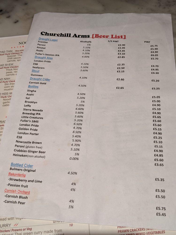 Menu at The Churchill Arms, Kensington pub & bar, London, 119 ...