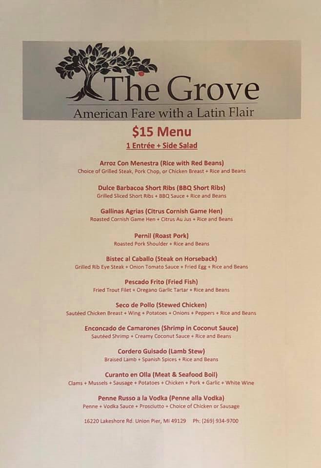 Menu at The Grove Restaurant, Union Pier