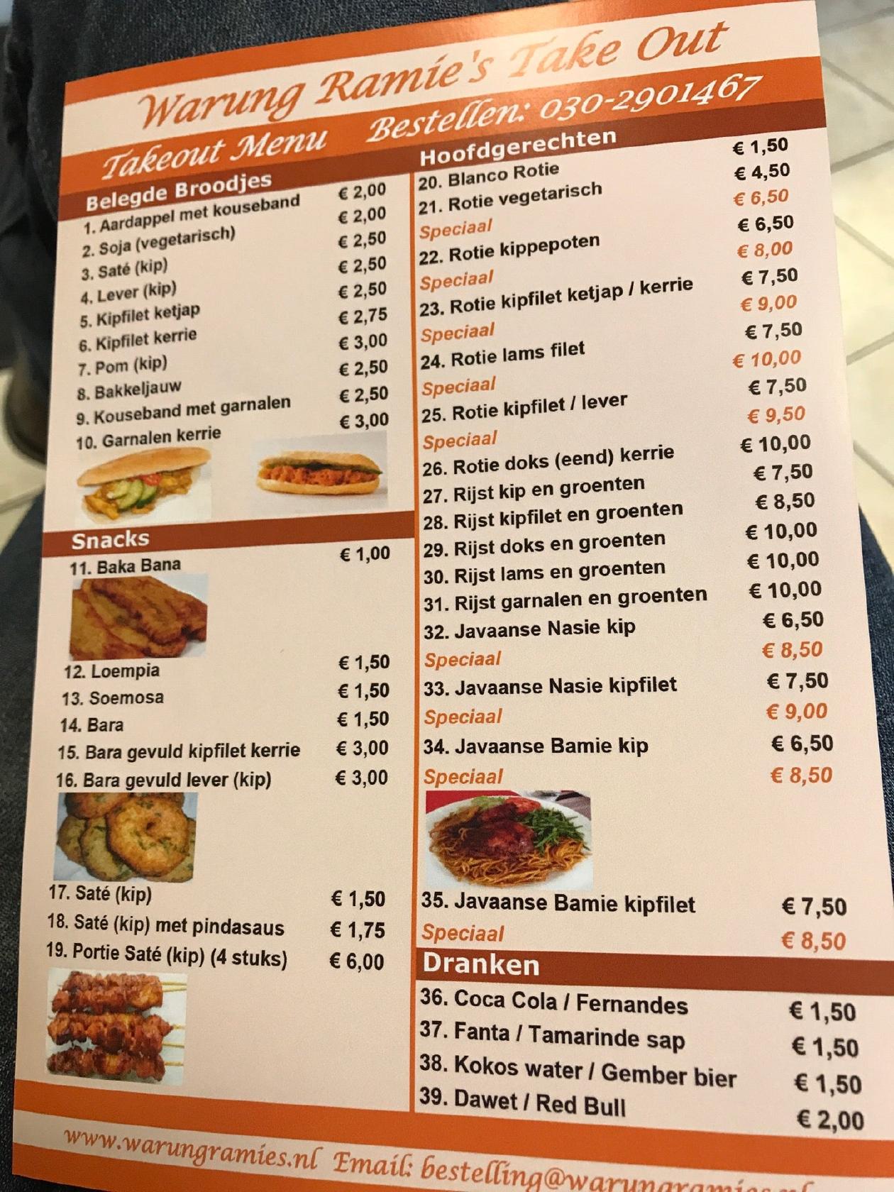 Menu at Warung Ramies Take Out, Utrecht