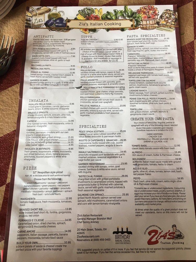Menu at Zia's pizzeria, Toledo, 20 Main St