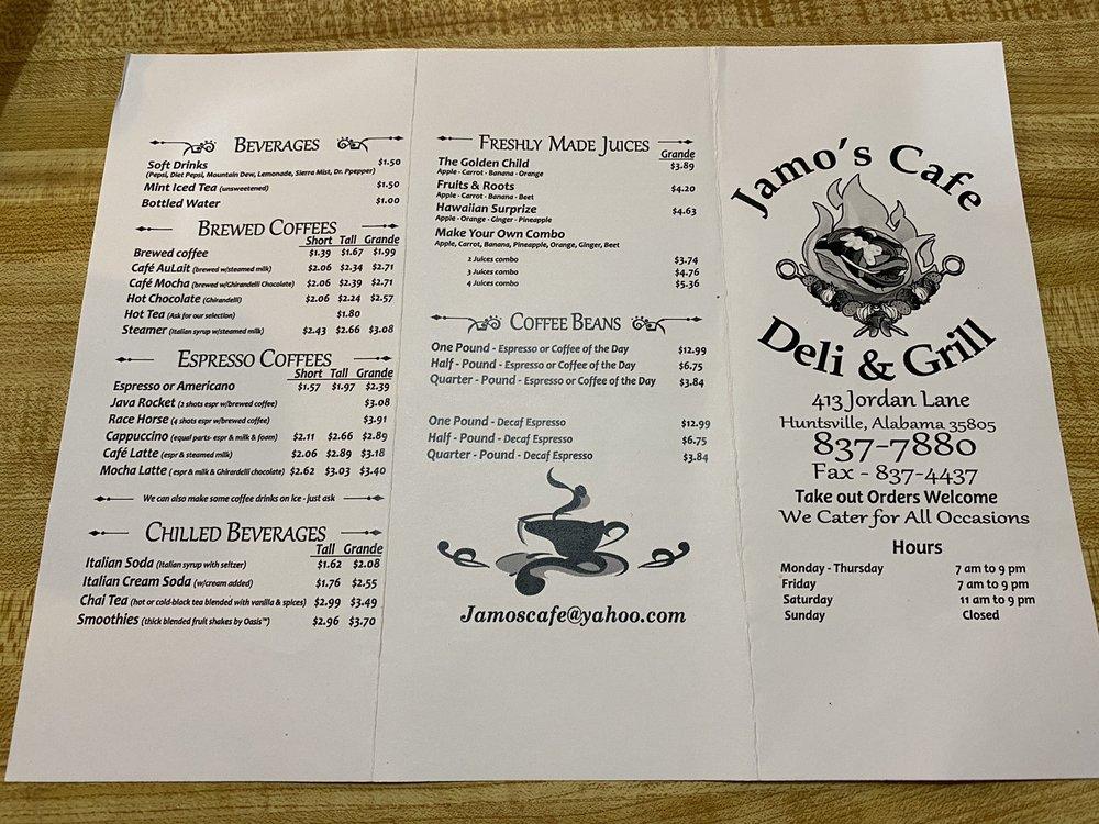 Menu at Jamo's Cafe, Huntsville