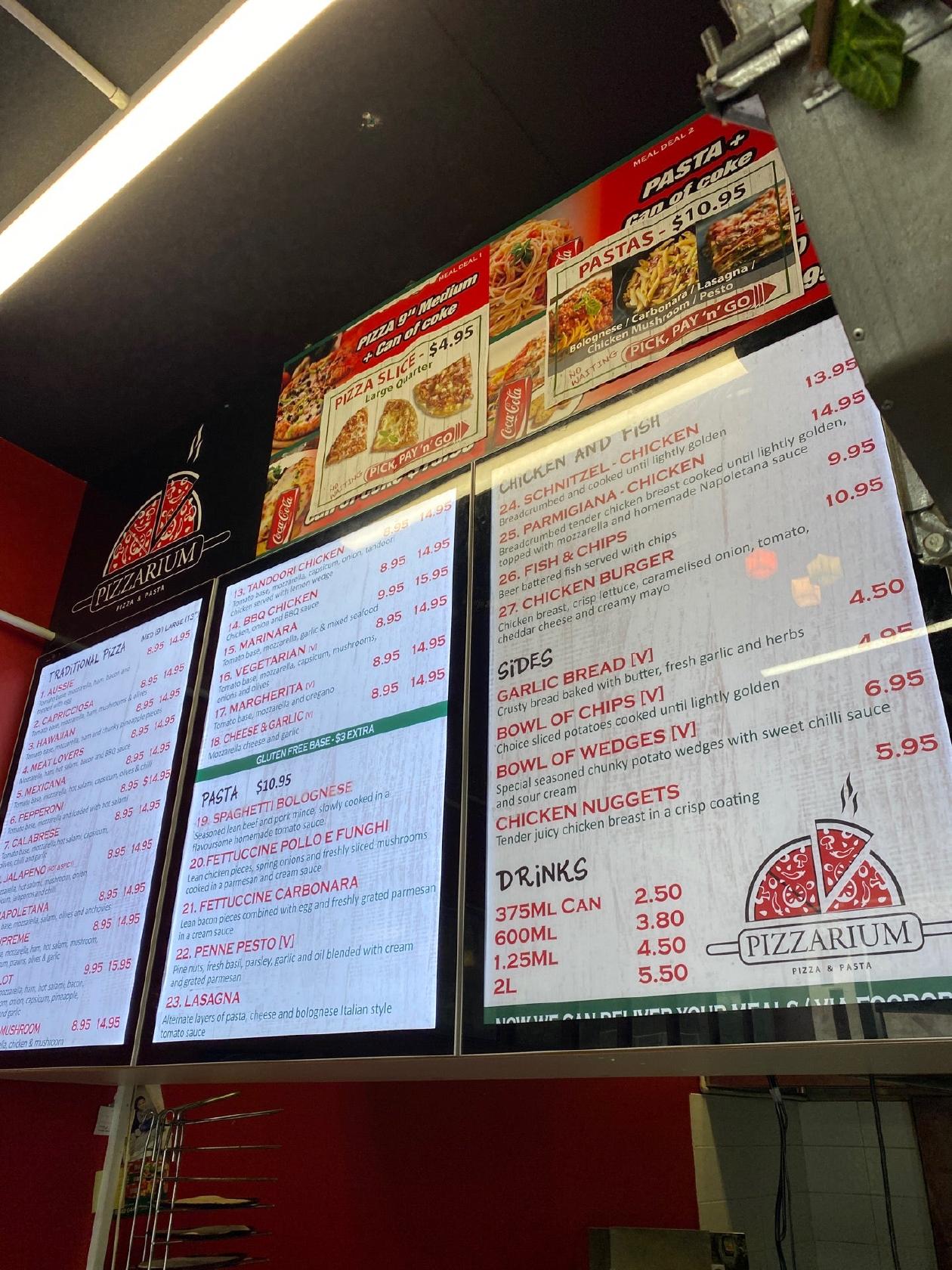 Menu at Pizzarium restaurant, Docklands