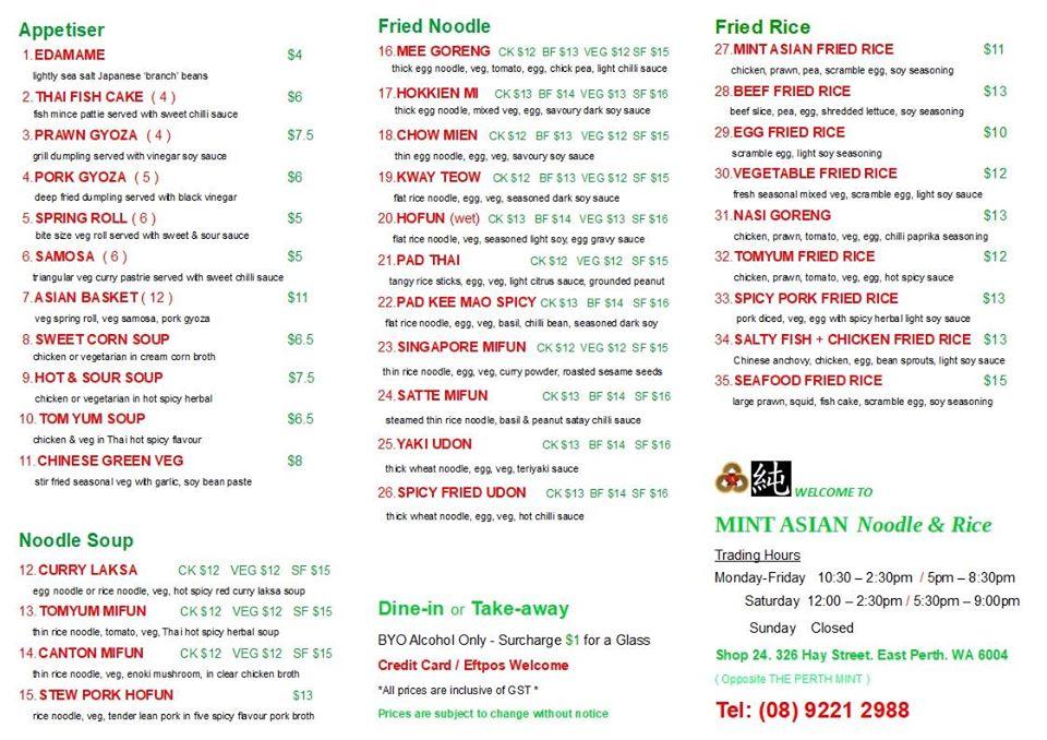 Menu at The Mint Asian - Noodle & Rice restaurant, East Perth