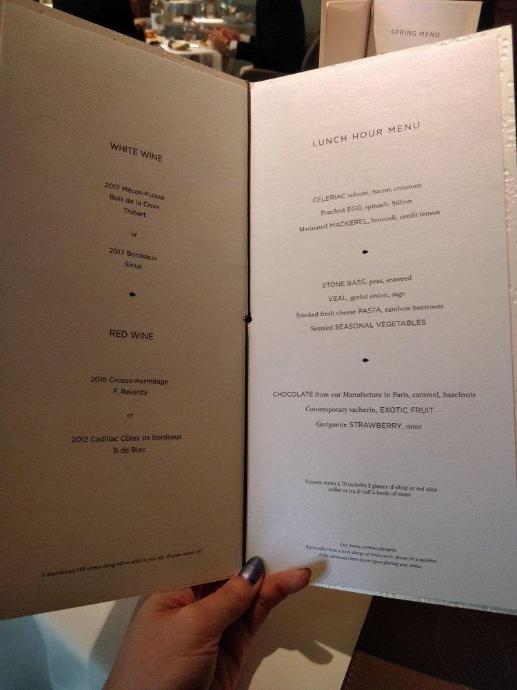 Menu at Alain Ducasse at The Dorchester restaurant, London, 53 Park Ln