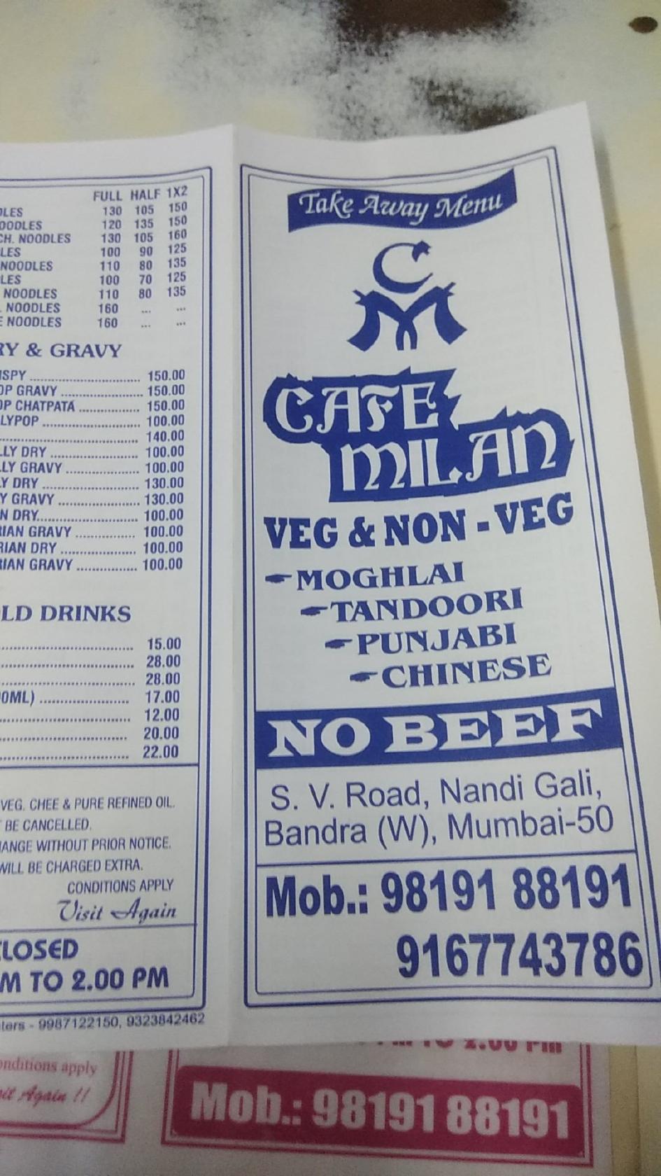 Menu at Cafe milan, Mumbai, Swami Vivekananda Rd