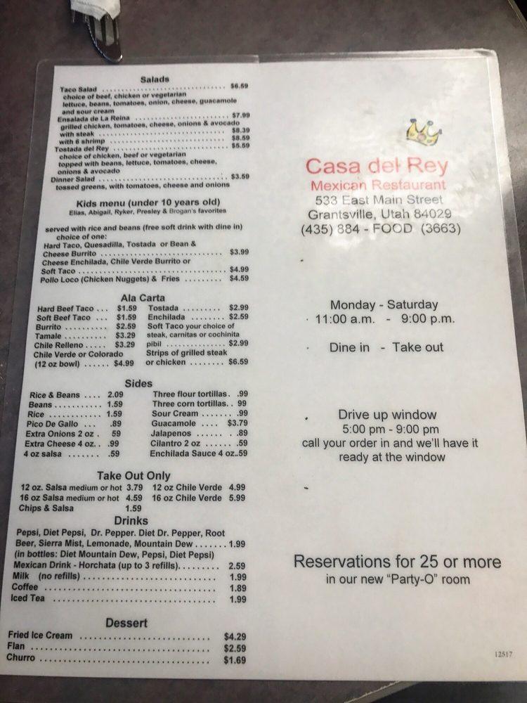 Menu at Casa Del Rey restaurant, Grantsville