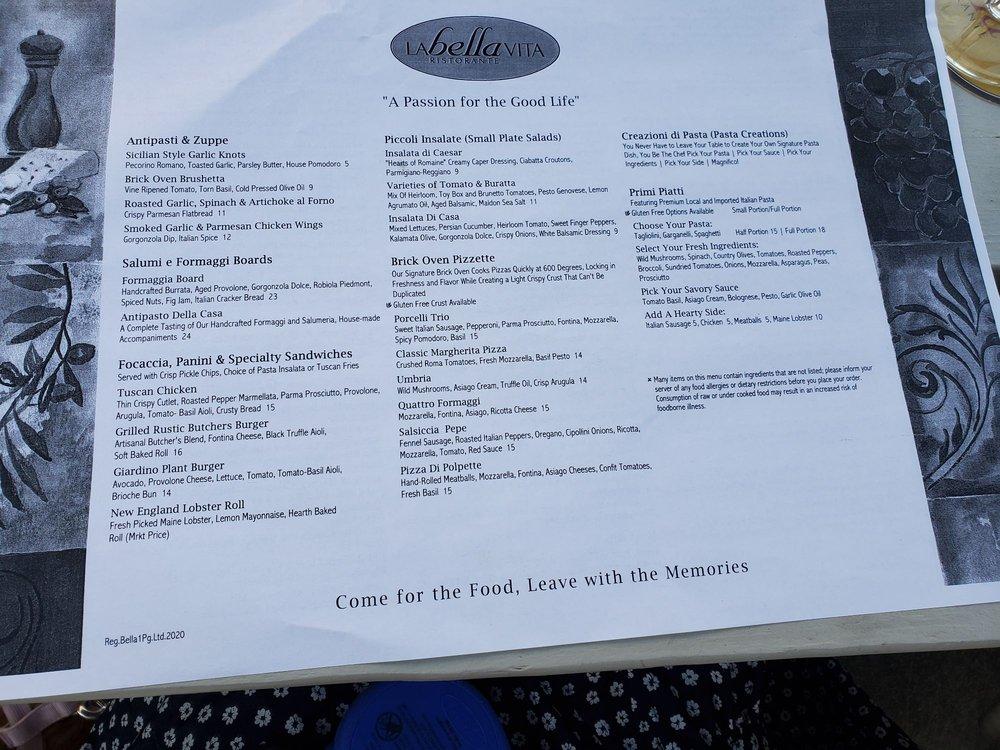 Carta de La Bella Vita at Bar Harbor Regency, Bar Harbor, 123 Eden St