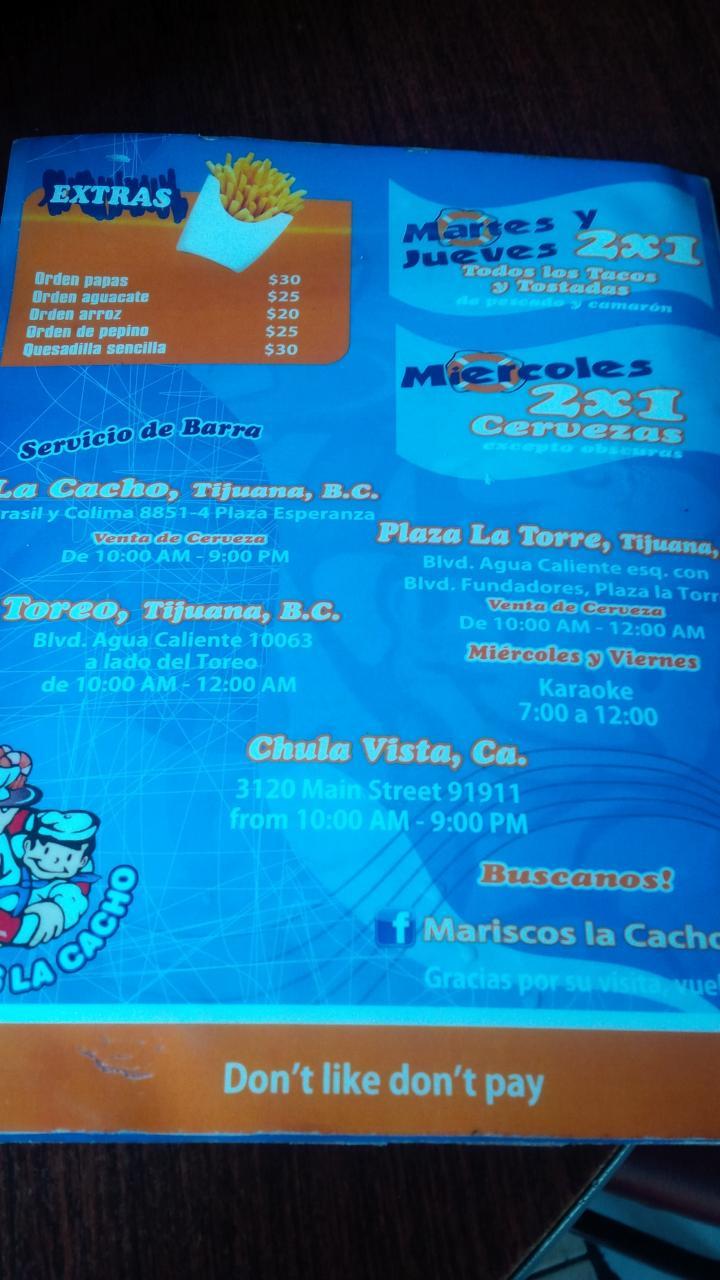 Carta del pub y bar Mariscos La Cacho, Tijuana, Blvd. Agua Caliente 3120