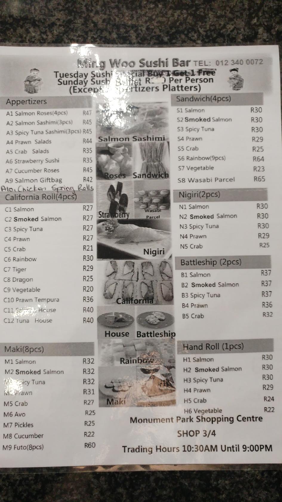Menu at Ming Woo sushi bar, Pretoria
