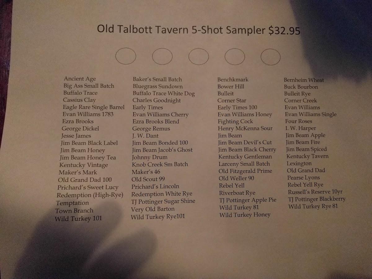 Menu at Old Talbott Tavern pub & bar, Bardstown